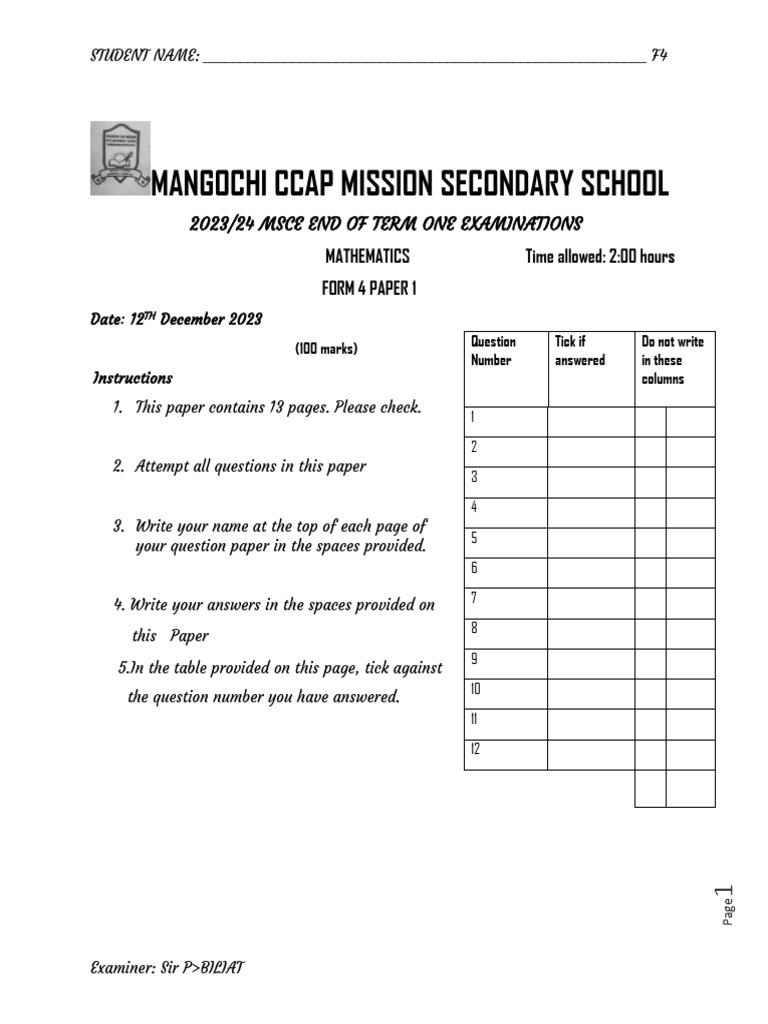 Form 4-Mathematics Paper 1-2023 | PDF | Area | Elementary Mathematics