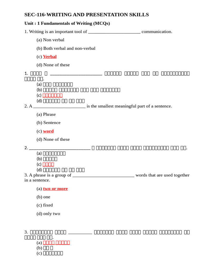 WRITING & PRESENTATION SKILLS MCQs | PDF