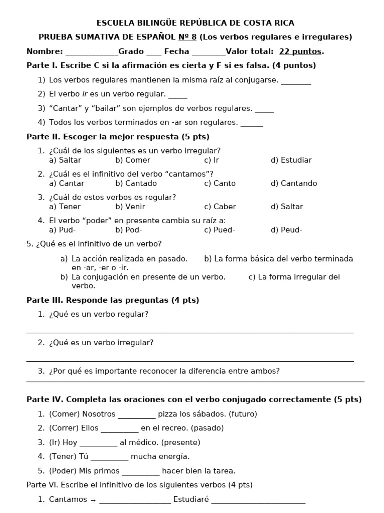 Prueba Sumativa. Verbos Regulares e Irregulares | PDF
