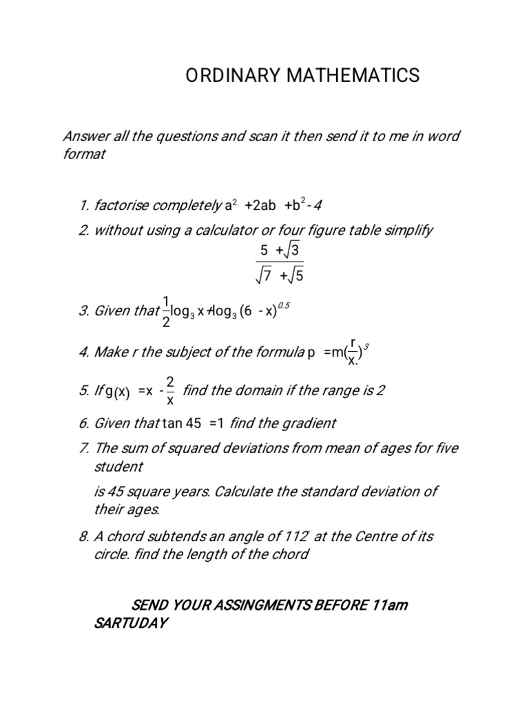 Ordinary Mathematics Assignment Questions | PDF