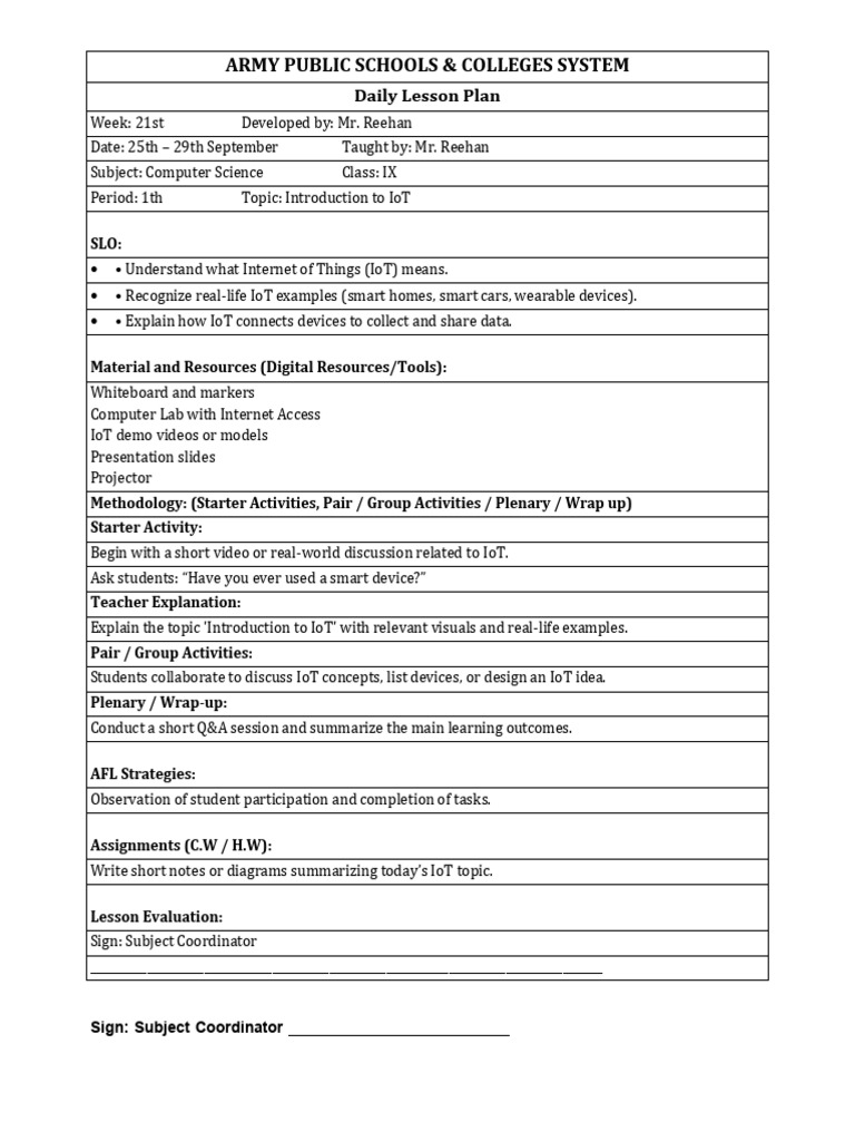 IoT 5 Day Lesson Plan Clean 1 | PDF | Internet Of Things | Lesson Plan