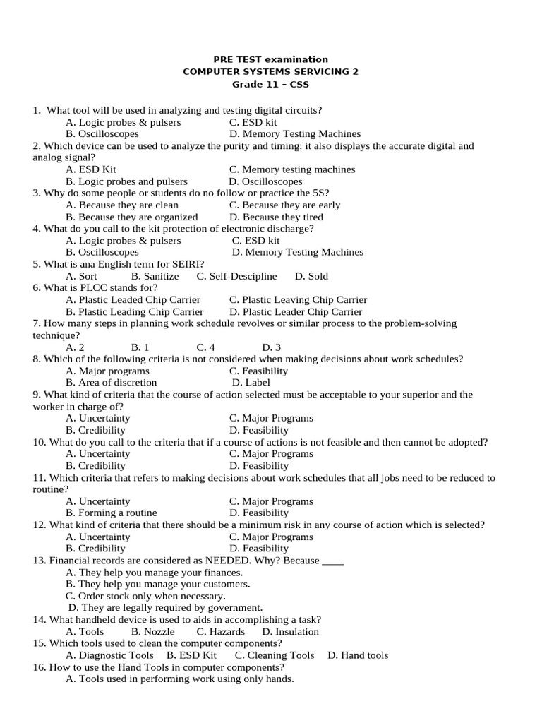 CSS 11 - Pre Test Sy 2019-2020 | PDF | Operating System | Computer Virus