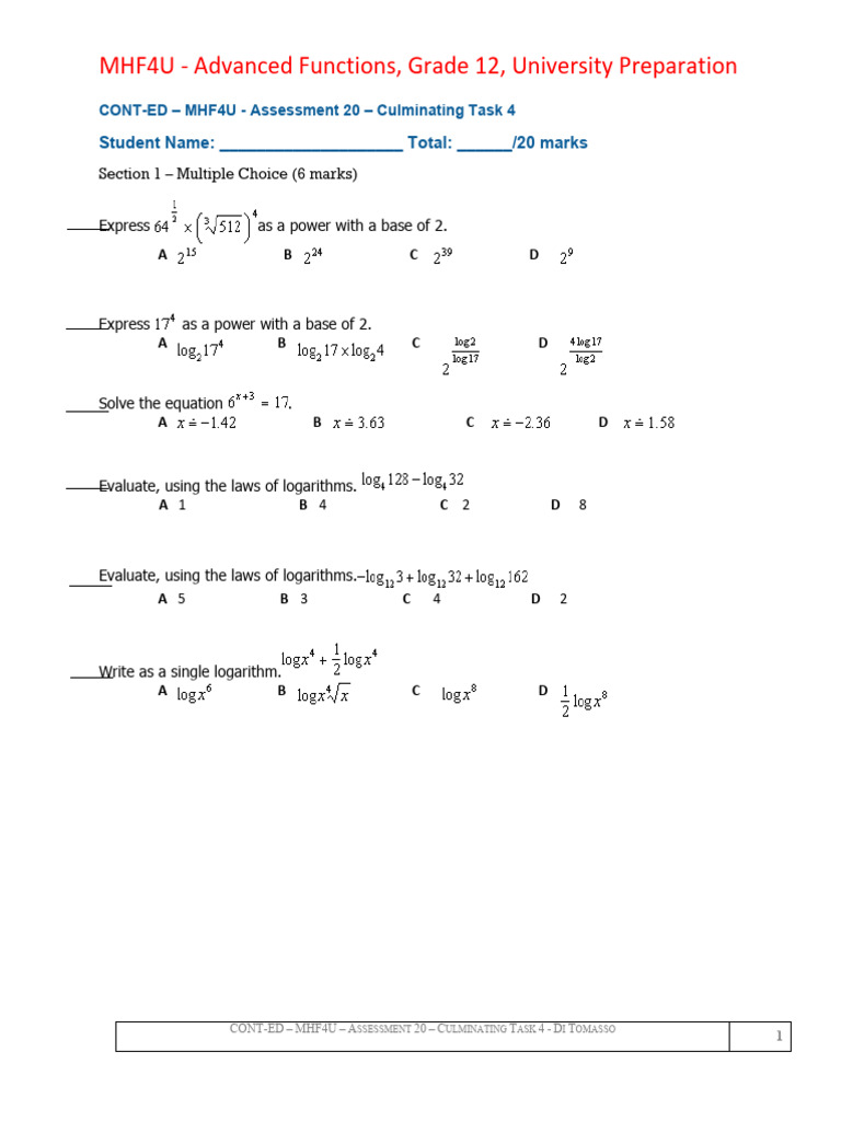 CONT-ED - MHF4U - Assessment 20 - Culminating Task 4 - Di Tomasso | PDF