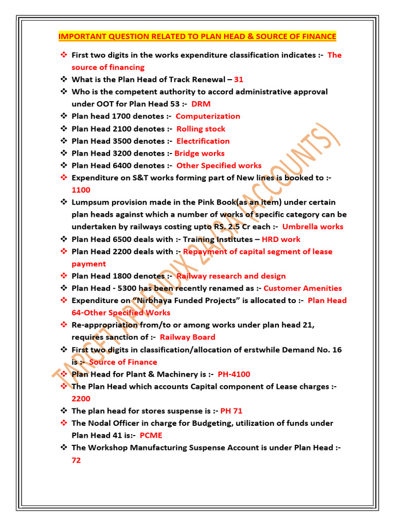 Plan Heads and Finance Sources Overview | PDF | Transport | Economies