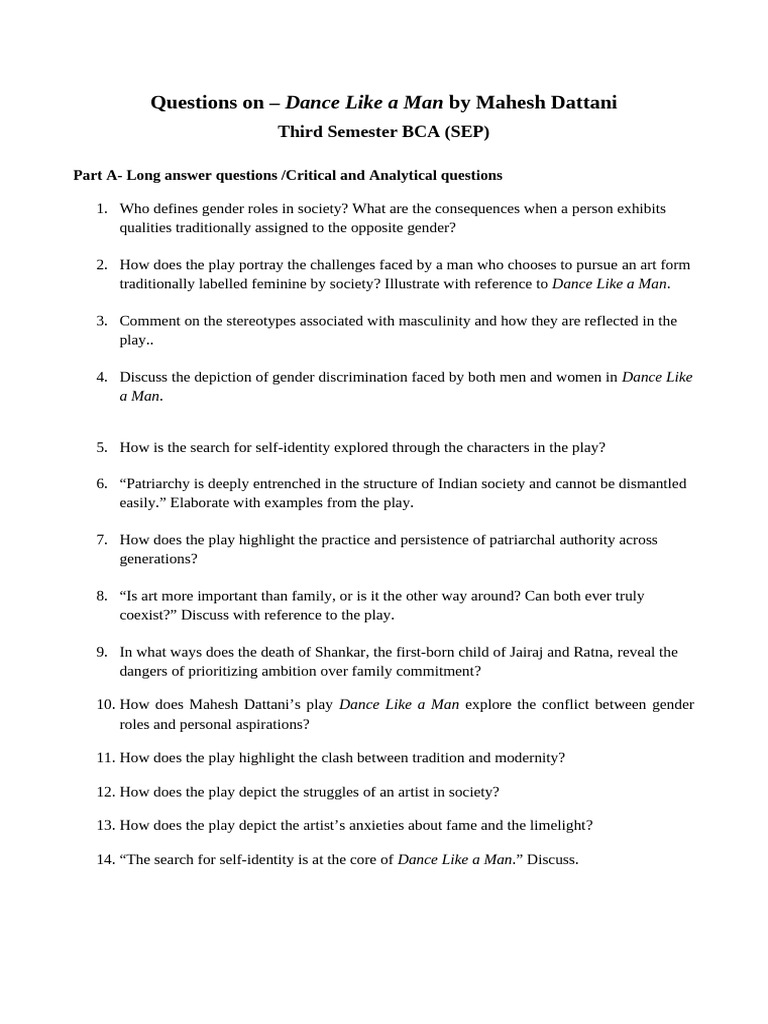 Critical Analysis of Dance Like a Man | PDF | Gender | Gender Studies