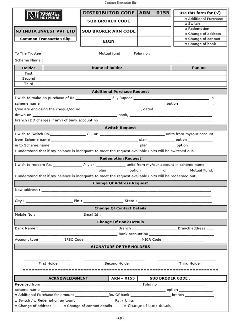 Common Transaction Slip for Mutual Funds | PDF | Financial Services ...