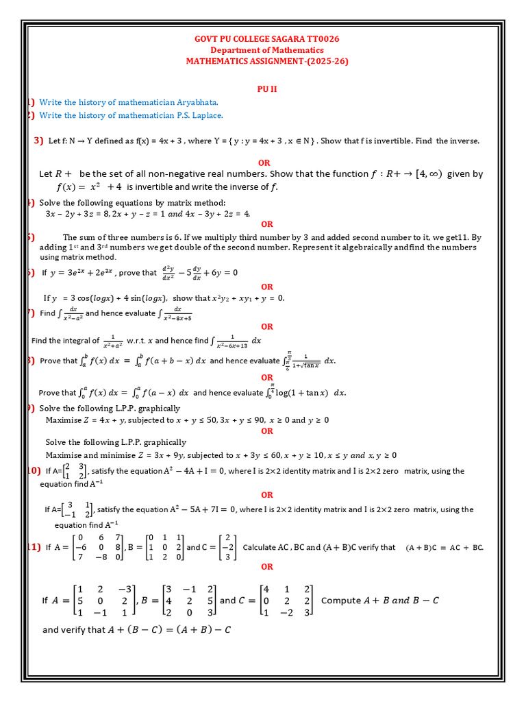 Mathematics Assignment for PU II Students | PDF | Matrix (Mathematics ...