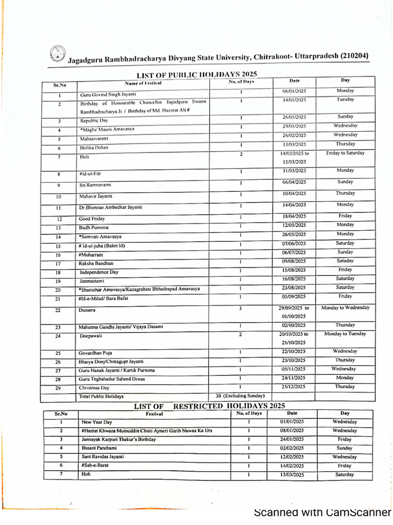 Holiday List | PDF