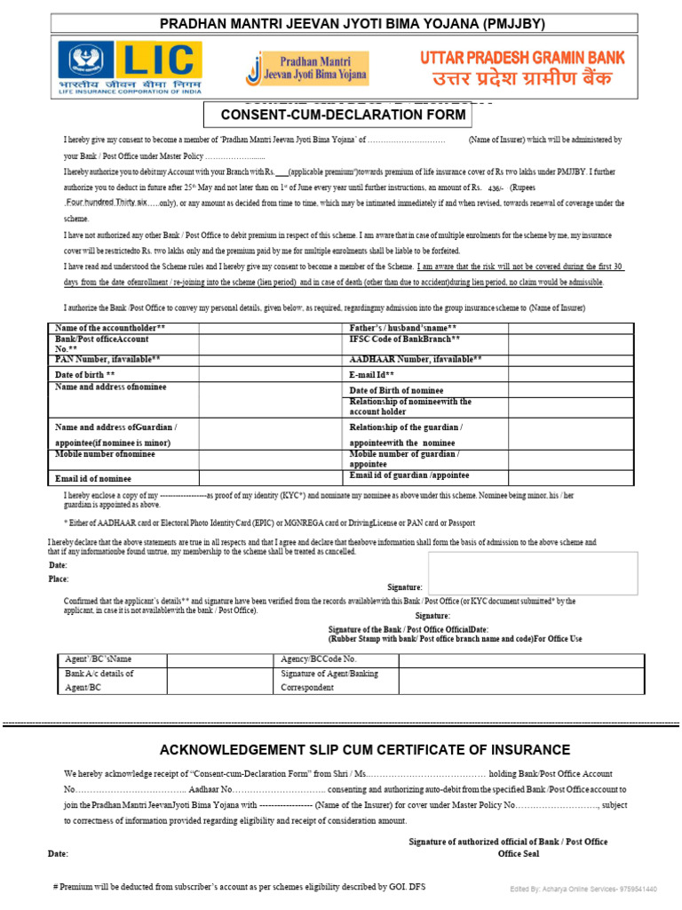 PMJJBY Consent and Declaration Form | PDF | Insurance | Identity Document