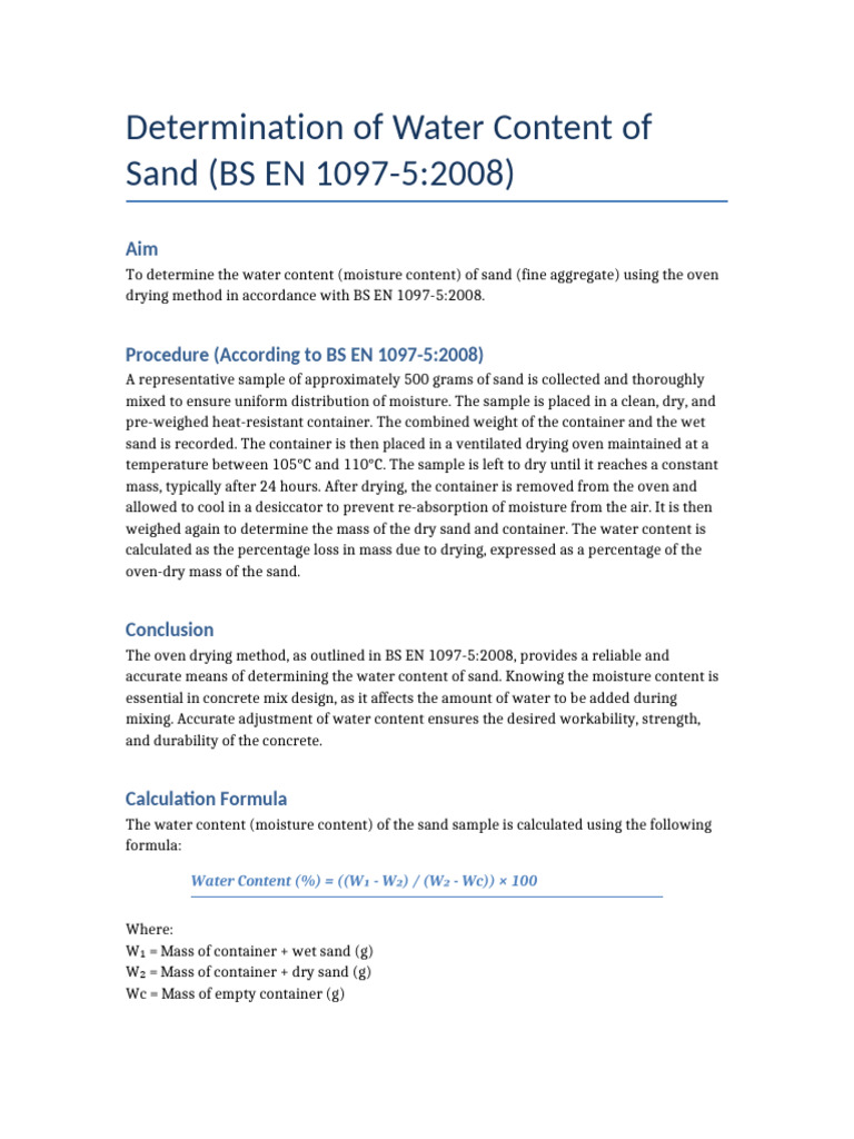 Water Content of Sand BS en 1097-5 Updated (2) | PDF