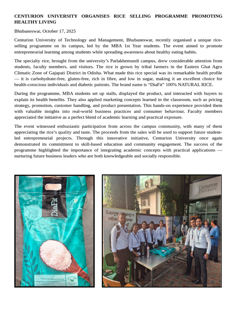 Centurion University Promotes Healthy Rice | PDF