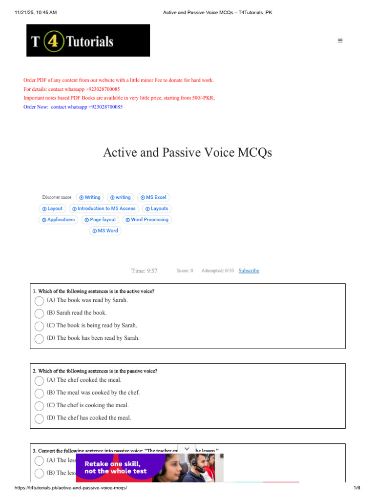 Active and Passive Voice MCQs – T4Tutorials .PK | PDF | Chess Openings | Chess