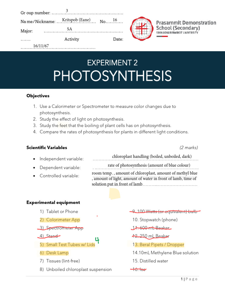 Photosynthesis Experiment with Color Change | PDF | Photosynthesis ...