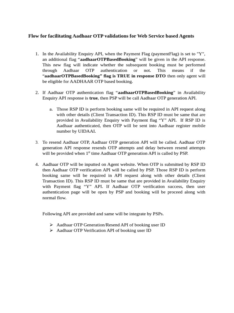 Final Aadhaar OTP Authentication Tatkal Flow Webservices | PDF | Access ...