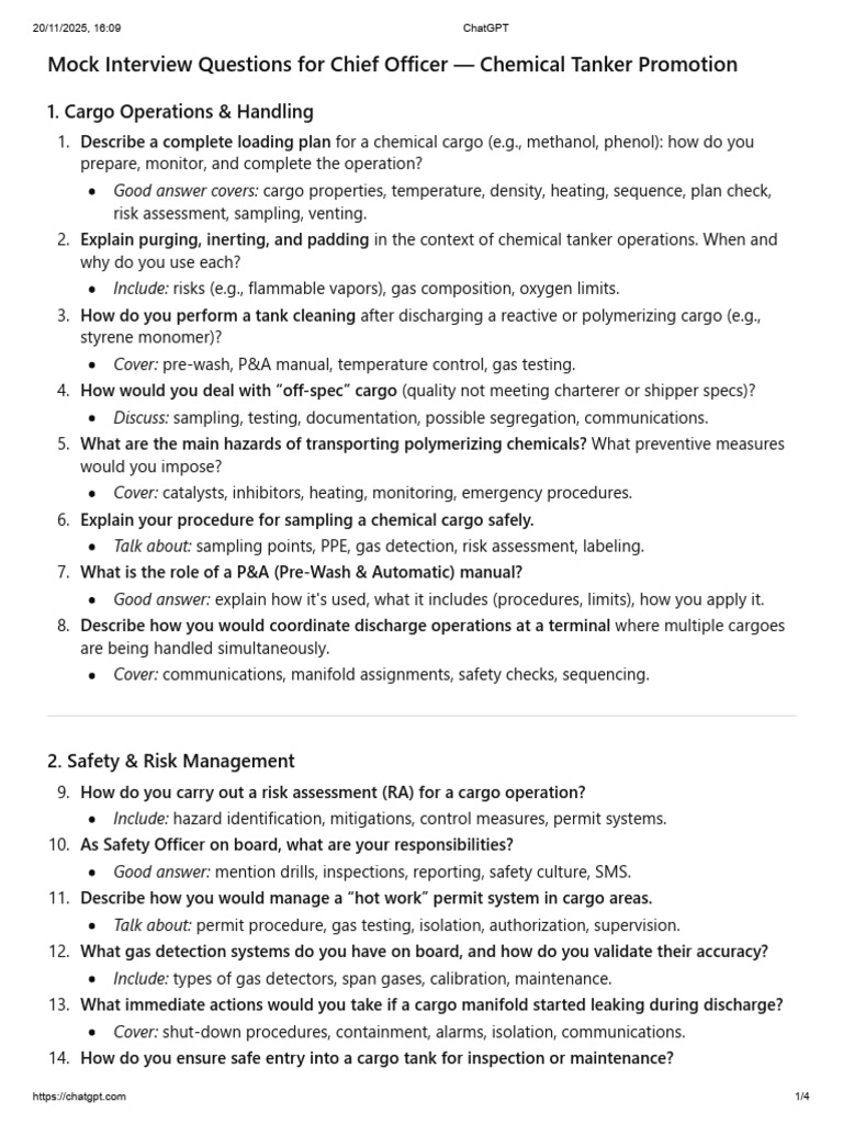 Chief Officer Interview Questions for Chemical Tankers | PDF | Oil ...