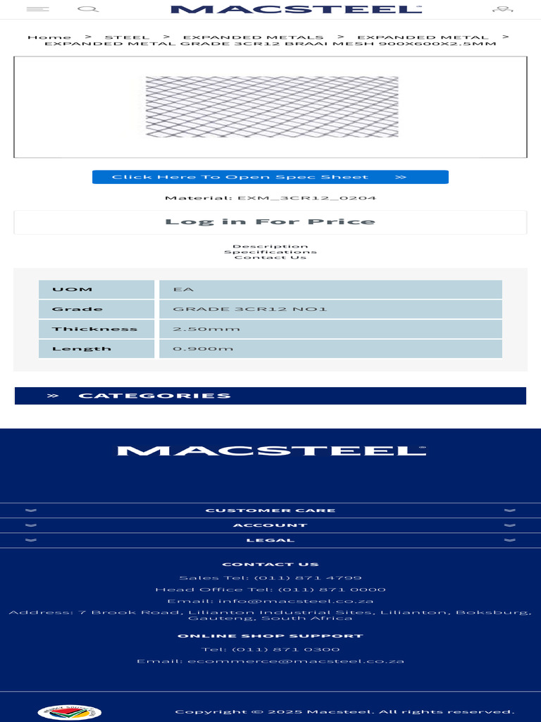 Expanded Metal Grade 3cr12 Braai Mesh 900x600x2.5mm | PDF