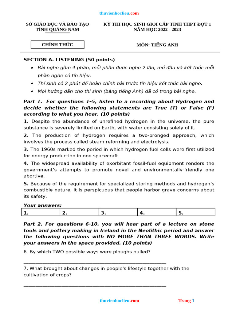 Thuvienhoclieu.com de Thi HSG Tieng Anh Chuyen 12 Quang Nam 2023 | PDF | Immune System | Infection