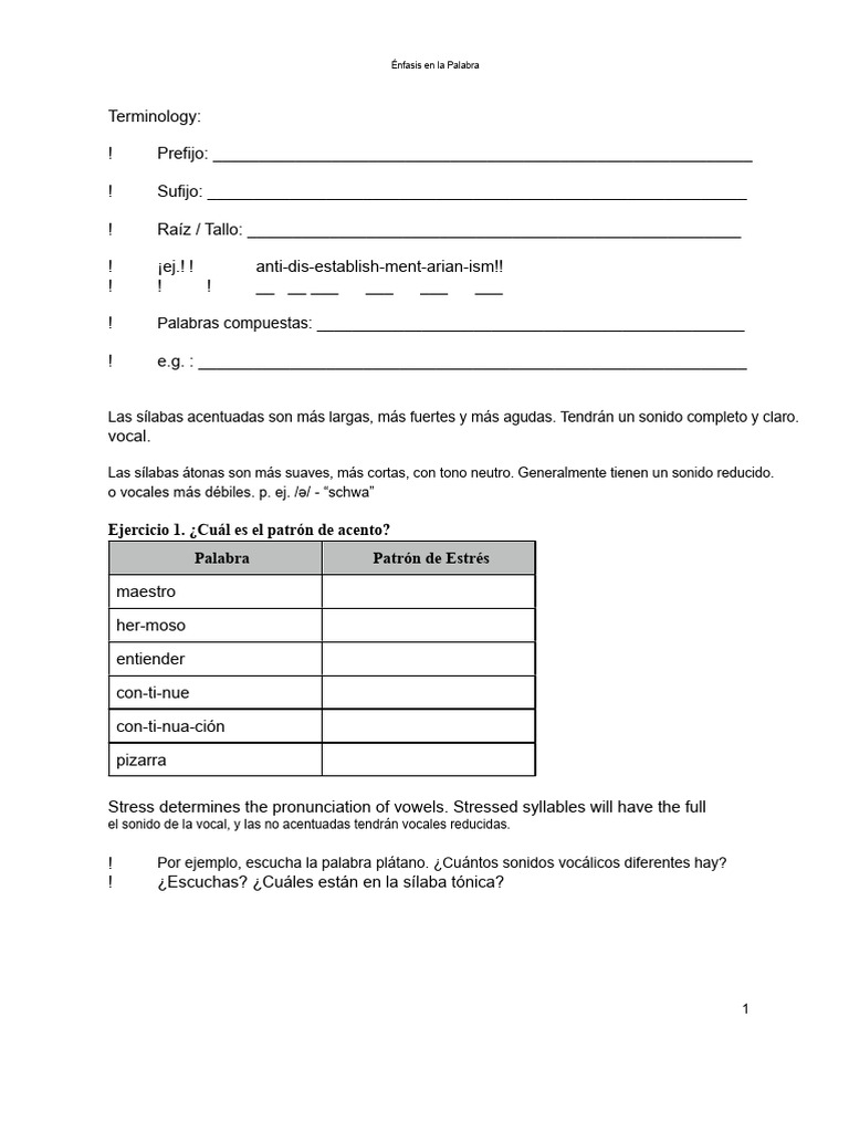 Hoja de Trabajo Sobre El Acento de Las Palabras | PDF | Palabra | Sílaba