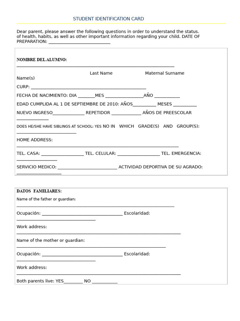 Student Health and Identification Form | PDF | Human Development | Family