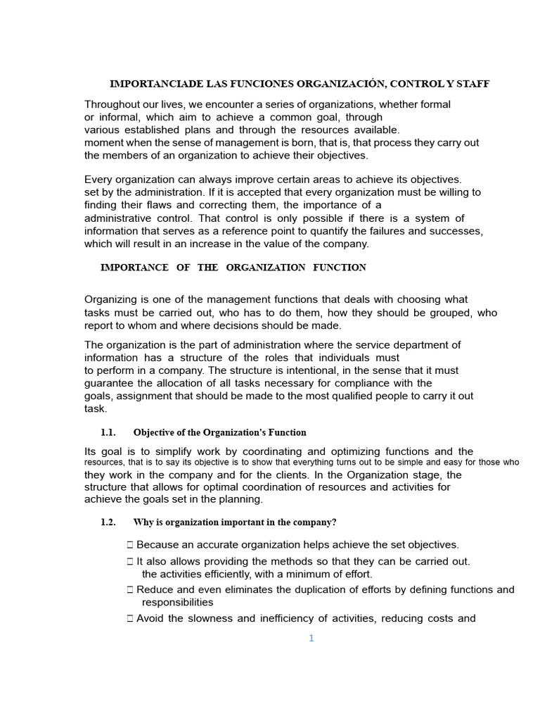 Importance of Organization and Staff Functions | PDF | Goal | Information