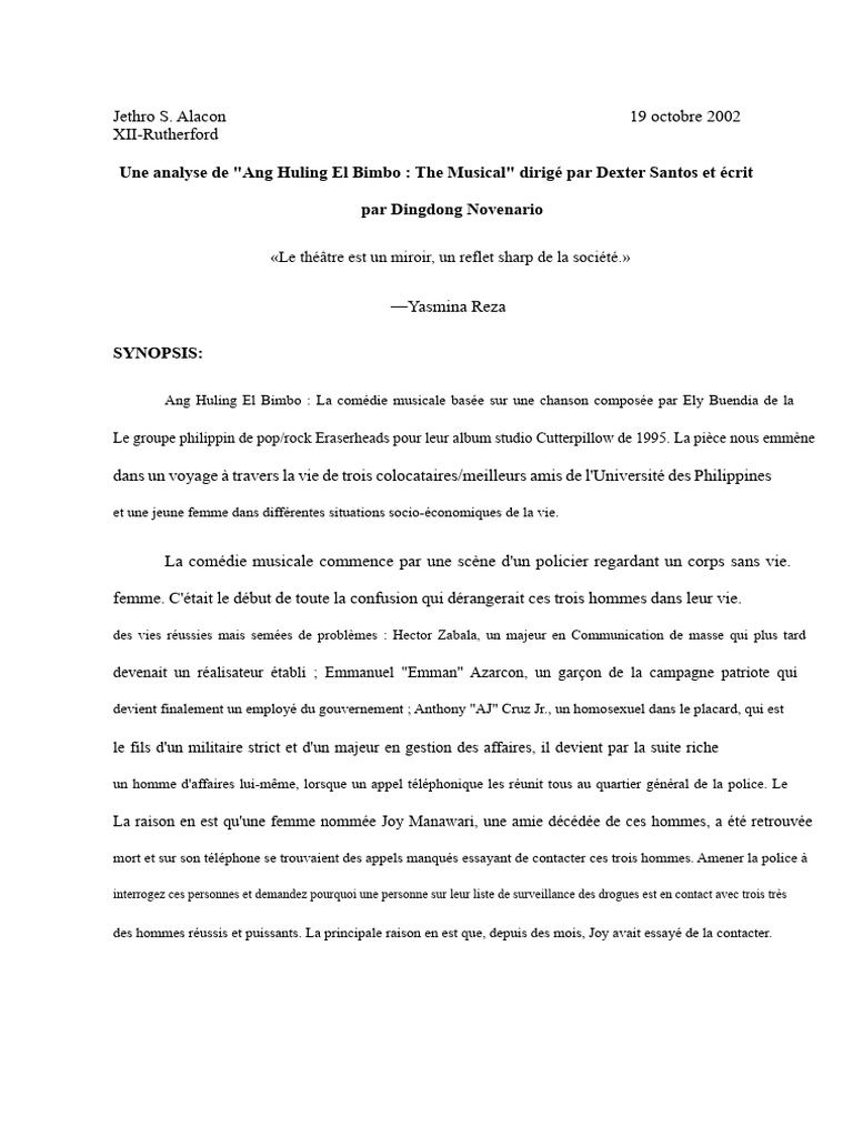 Analyse de "Ang Huling El Bimbo" | PDF