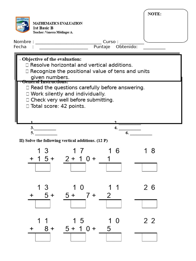 Mathematics Evaluation N°3 Horizontal and Vertical Addition | PDF