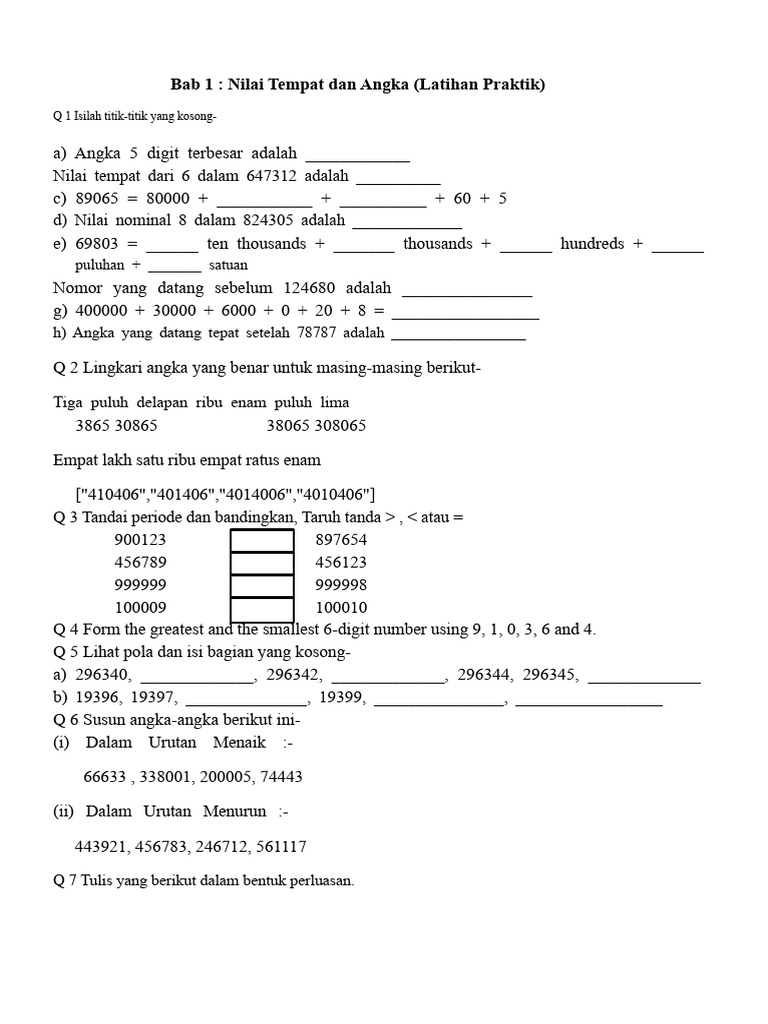 Latihan Praktik Nilai Tempat Angka | PDF