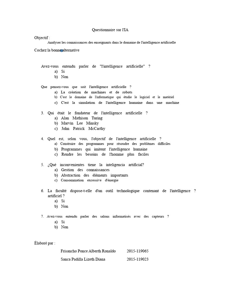 Questionnaire sur les connaissances en IA | PDF