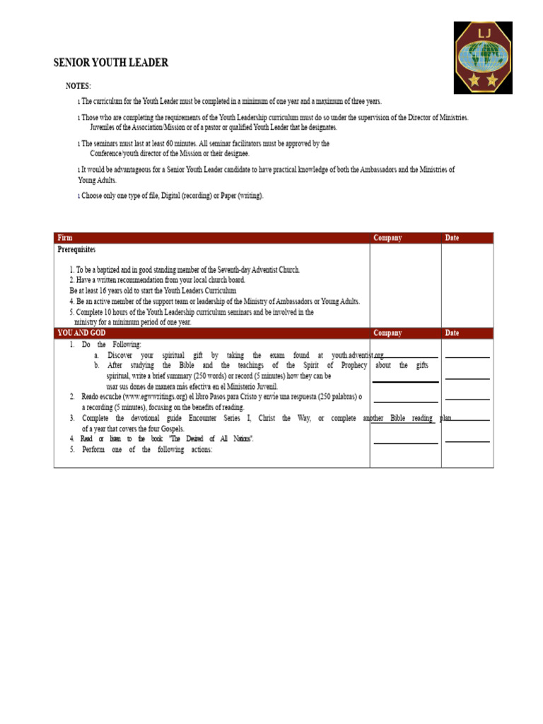 Youth Leader Card | PDF | Seventh Day Adventist Church | Curriculum