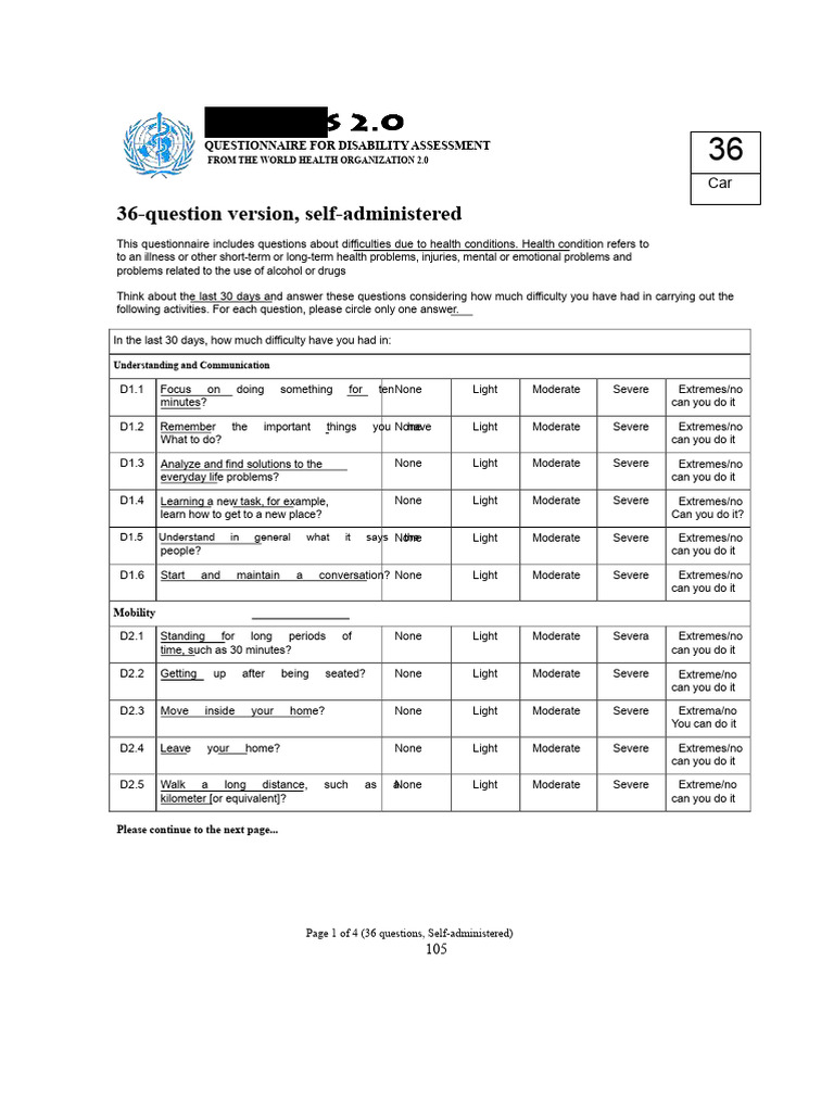 WHO Disability Assessment Questionnaire | PDF | Social Psychology ...