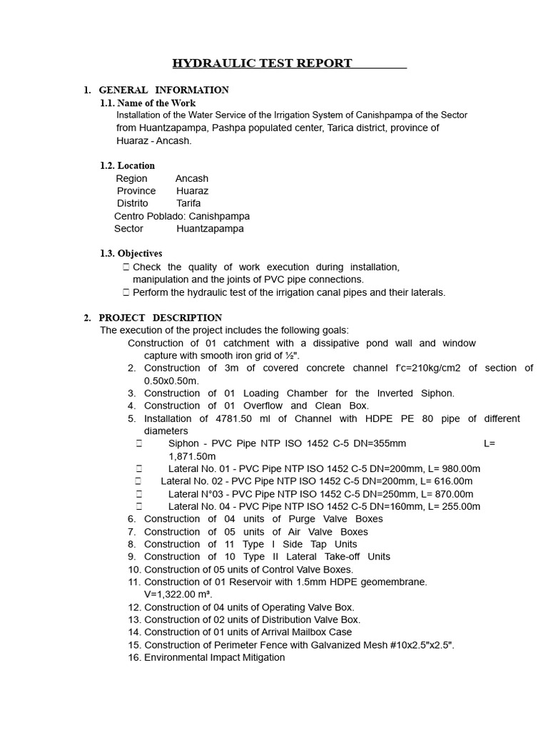 Hydraulic Test Report | PDF | Pipe (Fluid Conveyance) | Pressure