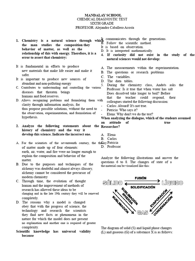 Sixth Grade Chemistry Diagnostic Test | PDF | Evaporation | Liquids