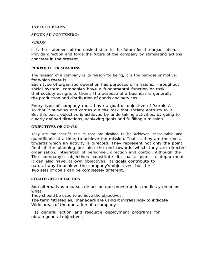 Types of Plans | PDF | Goal | Budget