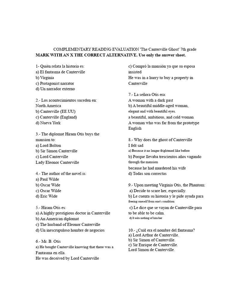 Supplementary Reading Assessment The Canterville Ghost | PDF | Ghosts