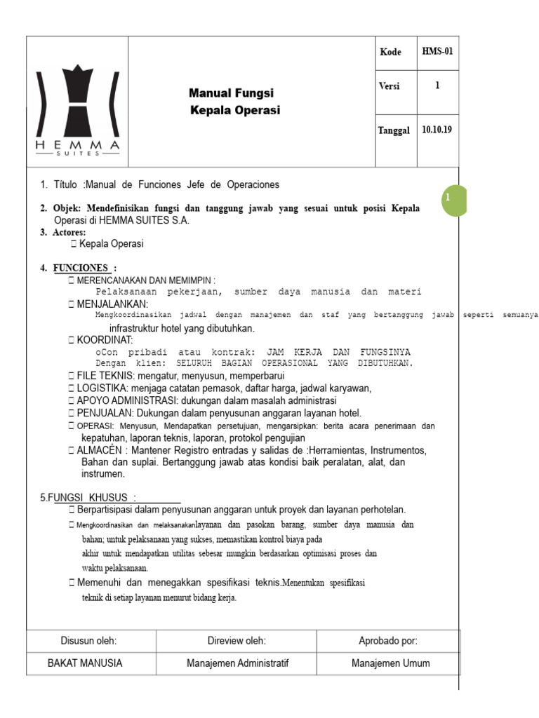 Fungsi Kepala Operasi di HEMMA SUITES | PDF
