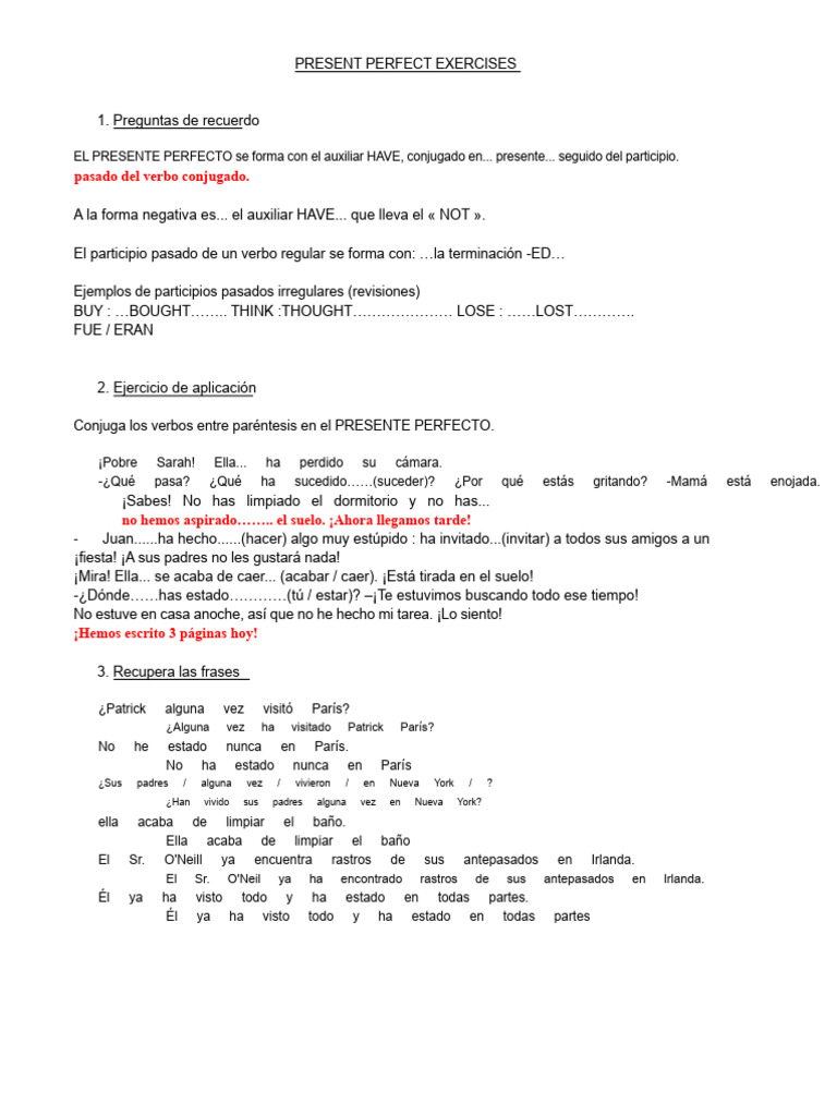 PRESENTE PERFECTO - Pasado Simple EJERCICIOS 4e Corrección PDF | PDF | Lingüística