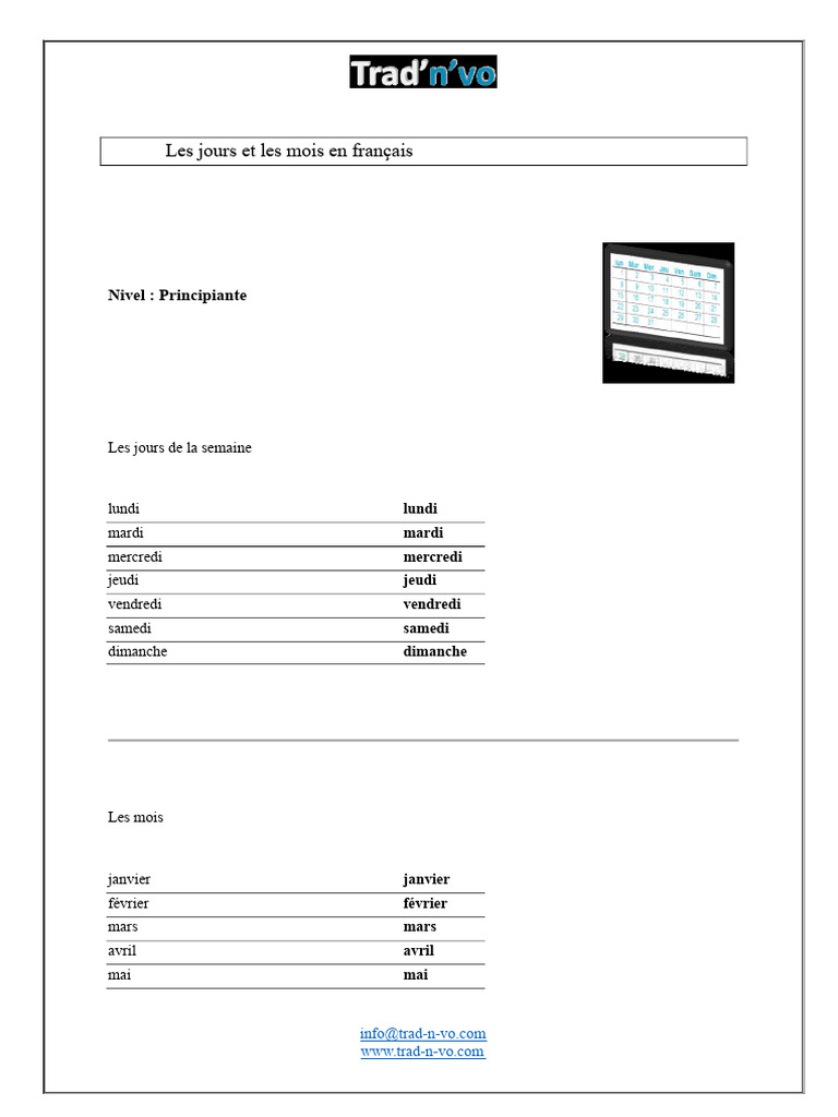 Jours et mois en français pour débutants | PDF