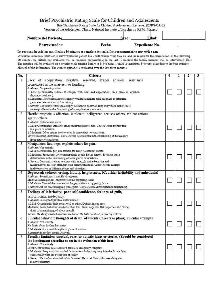 BPRS-CA: Psychiatric Rating Scale for Youth | PDF | Anxiety | Insomnia