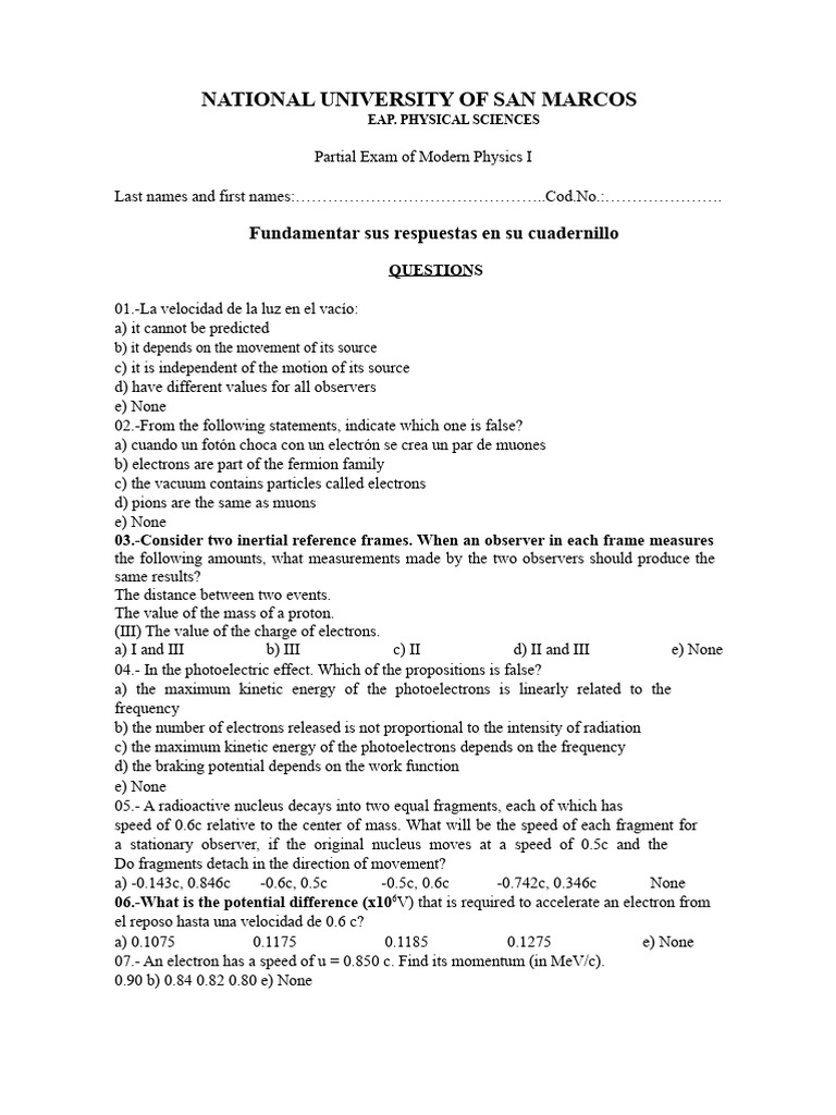 Partial Exam of Modern Physics A1 | PDF | Electron | Electronvolt