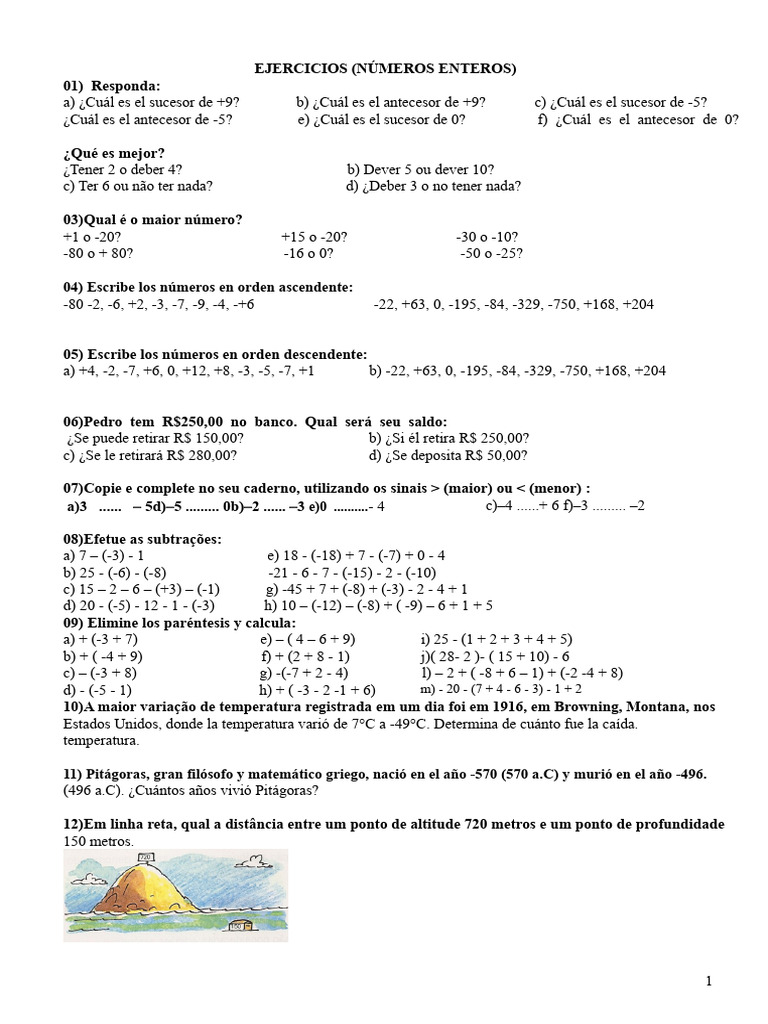 Ejercicios de Números Enteros y Operaciones | PDF | Matemáticas ...
