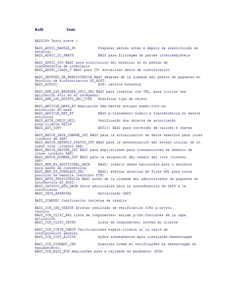 BADI - Lista de Los Principales BADIs de SAP | PDF | Informática