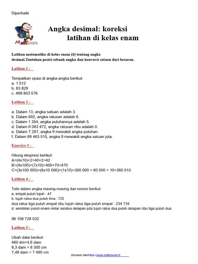 Latihan Angka Desimal Kelas Enam | PDF