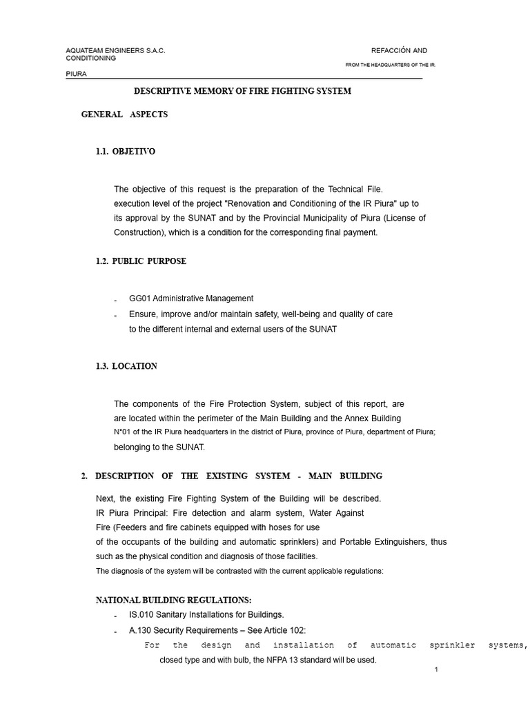 Descriptive Memory Fire Protection System Sunat Piura | PDF | Fire ...
