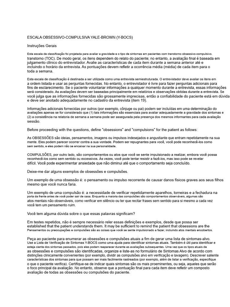 Escala Yale-Brown de Transtorno Obsessivo-Compulsivo (Y-BOCS) Checklist ...
