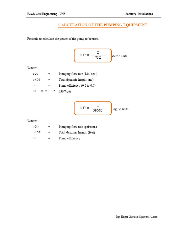 Pump Power Calculation for Sanitary Installations | PDF | Pump | Flow ...