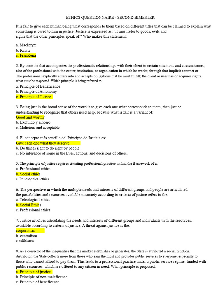 Ethics Questionnaire | PDF | Justice | Crime & Violence