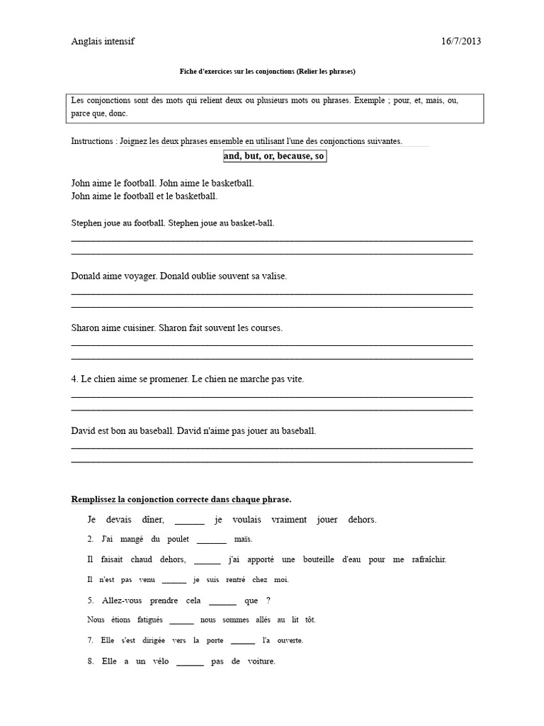 Exercices sur les conjonctions en anglais | PDF