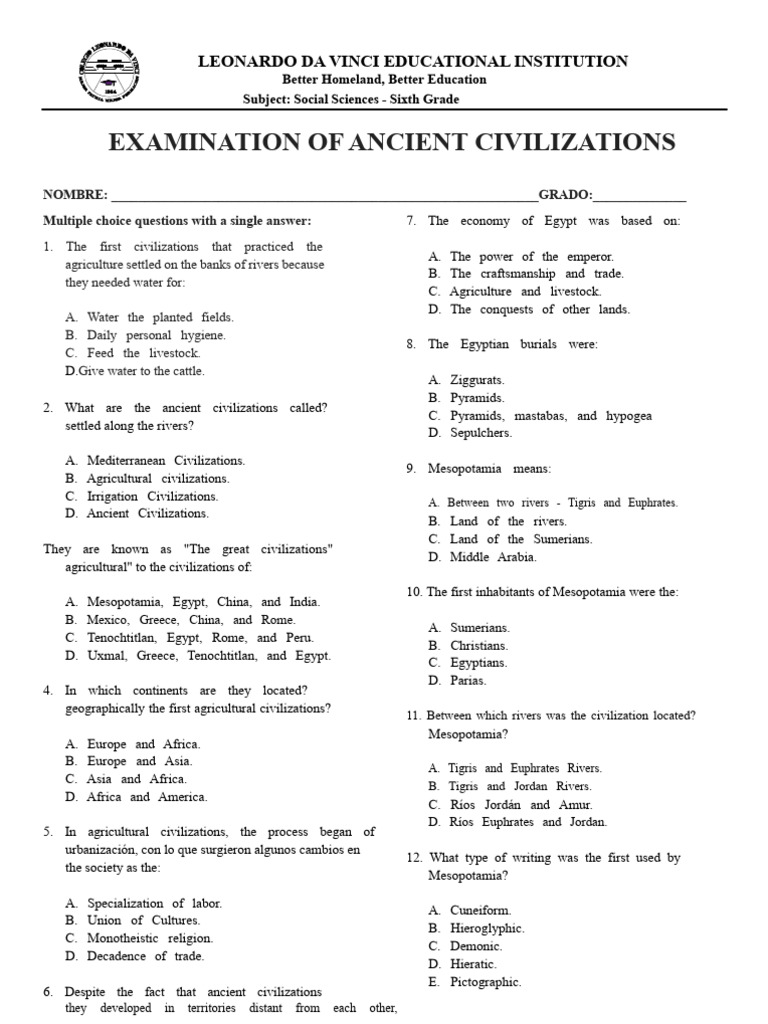 Ancient Civilizations Exam for 6th Grade | PDF | Ancient Egypt ...
