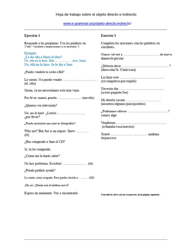 Ejercicios de objeto directo e indirecto | PDF
