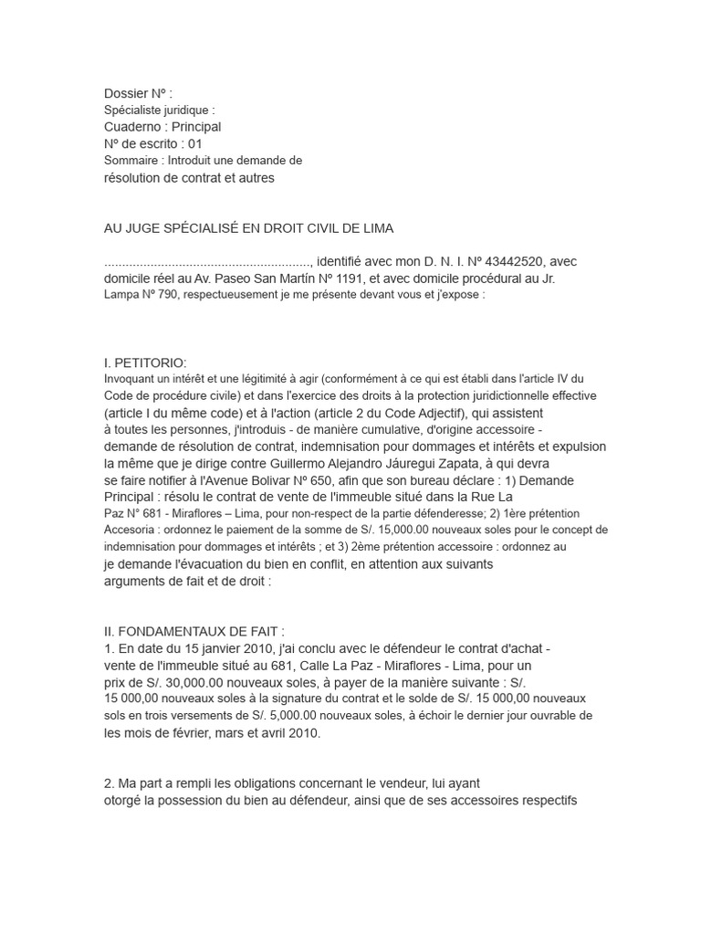 Demande de Résolution de Contrat de Vente | PDF | Justice | Crime et ...
